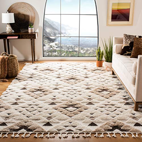 SAFAVIEH Moroccan Tassel Shag Collection Area Rug - 6'7" x 9'2", Ivory & Brown, Boho Design, Non-Shedding & Easy Care, 2-inch Thick Ideal for High Traffic Areas in Living Room, Bedroom (MTS688A)