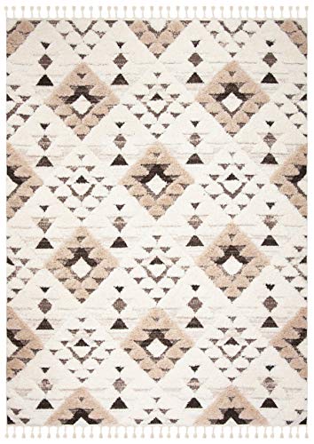 SAFAVIEH Moroccan Tassel Shag Collection Area Rug - 6'7" x 9'2", Ivory & Brown, Boho Design, Non-Shedding & Easy Care, 2-inch Thick Ideal for High Traffic Areas in Living Room, Bedroom (MTS688A)