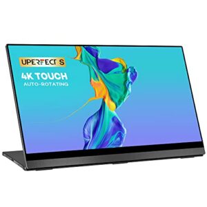 uperfect 4k portable monitor touchscreen, s gravity sensor automatic rotate 15.6'' slimmest 100% adobe rgb 10-point touch uhd 2 usb c monitor bracket integrated & frameless bezel glass laptop display