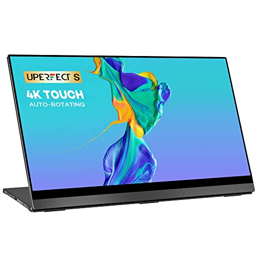 UPERFECT 4K Portable Monitor Touchscreen, S Gravity Sensor Automatic Rotate 15.6'' Slimmest 100% Adobe RGB 10-Point Touch UHD 2 USB C Monitor Bracket Integrated & Frameless Bezel Glass Laptop Display