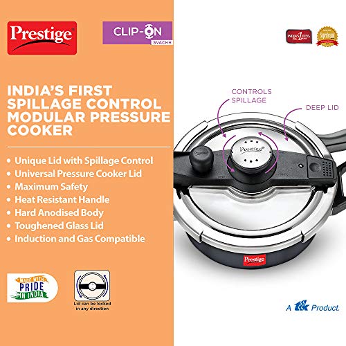 Prestige Svachh Clip-on 5 Litre Hard Anodised Pressure Cooker, Black