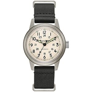 bulova men's military heritage hack stainless steel 3-hand automatic watch, nato leather strap, luminous hands and markers, black leather/ivory dial