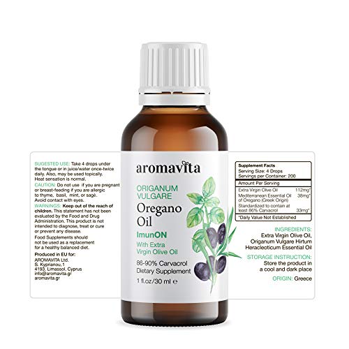 AROMAVITA, ImunON Greek Oregano Oil - Essential Oil Oregano Containing Over 86-90% Carvacrol - Natural, Vegan Friendly Oregano Oil Dietary Supplement