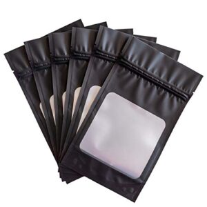 hanser | smell proof odorless mylar resealable foil pouch bags with clear window | stand up bottom | airtight | matte black | 100 pieces | 4.8x8.2 inches