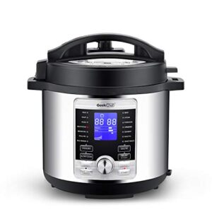 geek chef 6 qt 17-in-1 multi-use electric pressure cooker stainless steel inner pot programmable lcd display digital slow cooker, rice cooker, yogurt maker, egg cooker, sauté, steamer, warmer