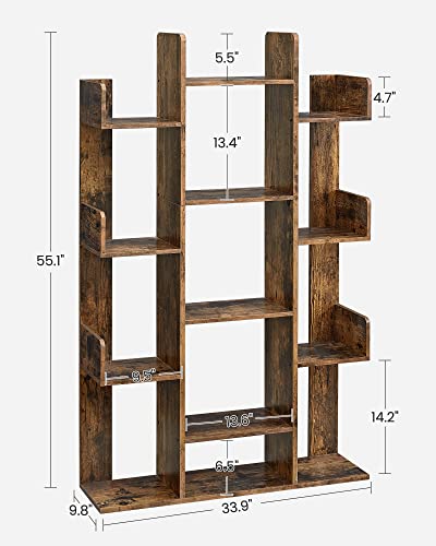 VASAGLE Bookshelf, Tree-Shaped Bookcase with 13 Storage Shelves, Rounded Corners, 9.8”D x 33.9”W x 55.1”H, Rustic Brown ULBC67BXV1