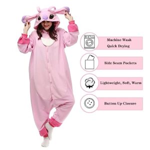 NAITOKE Adults Unisex Onesie Halloween Costumes Animal Cosplay Pajamas,146-159cm(4'9"-5'2") Pink