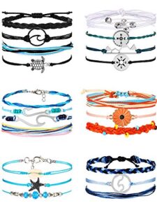 hicarer 21 pieces surfer wave bracelet ocean wave adjustable waterproof handmade friendship bracelet summer sunflower bracelets anklets jewelry for women teen girls (ocean style)