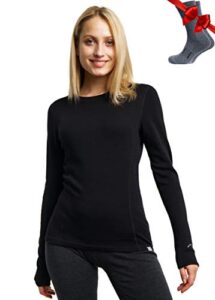 merino.tech merino wool base layer women 100% merino wool midweight long sleeve thermal shirts + wool socks (medium, black 250)