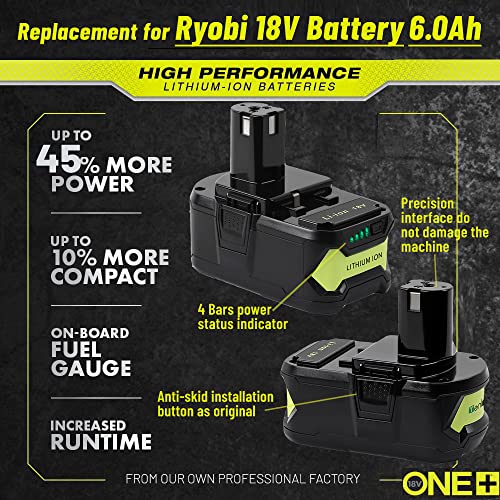 TenHutt 【Upgrade】 2 Packs 6.0Ah P108 Lithium Replacement Battery for Ryobi 18V ONE+ Cordless Power Tool Compatible with P102 P103 P104 P105 P107 P108 Lithium Battery