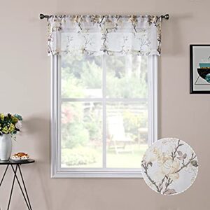 tollpiz floral white sheer valance curtains flower print vine embroidery bedroom curtain valances rod pocket voile window curtains for living room, 54 x 16 inches long, set of 1 panel