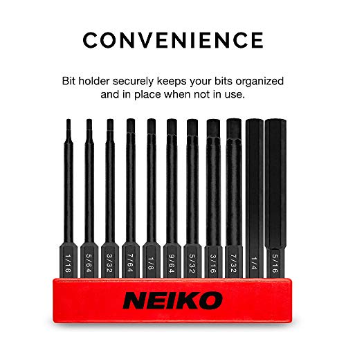 Neiko 01147A Allen Wrench Drill Bits, 11-Piece Hex Drill Bit Set, SAE Sizes 1/16" to 5/16", Magnetic Hex Head Bits, 3" Quick Release Shanks, S2 Steel, Compatible with Power Drills and Impact Drivers