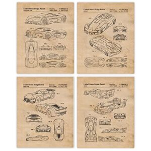 vintage mclaren aston martin lamborghini mercedes patent prints, 4 (8x10) unframed photos, wall art decor gifts under 20 for home office man cave college student teacher f1 team car racing champion