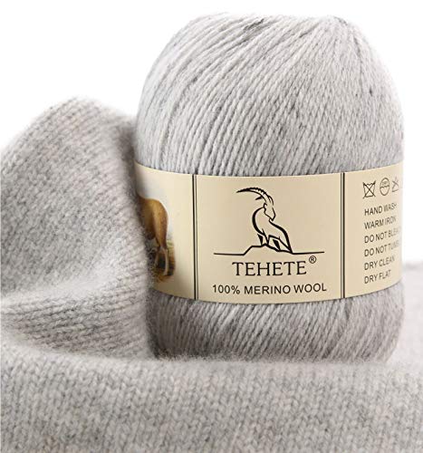 TEHETE 100% Merino Wool Yarn for Knitting 3-Ply Luxury Warm Soft Lightweight Crochet Yarn (Light Grey)