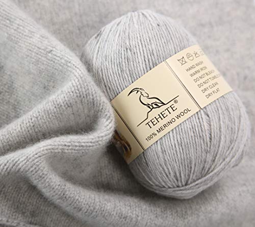 TEHETE 100% Merino Wool Yarn for Knitting 3-Ply Luxury Warm Soft Lightweight Crochet Yarn (Light Grey)