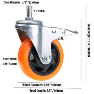 Stem Casters Heavy Duty Swivel Threaded Stem Caster Wheels with American Size 1/2''-13x1'' Thread Dual Locking Wheel with Brakes Pack of 4 (4 inch, with Brake)