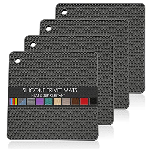 Silicone Trivets for Hot Pots and Pans, Multi-Purpose Trivet Mat for Hot Dishes Set of 4, Heat Resistant Durable Flexible Silicone Pot Mat for Countertop, Easy to Wash and Dry, Dark Gray, Square