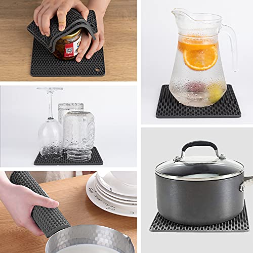 Silicone Trivets for Hot Pots and Pans, Multi-Purpose Trivet Mat for Hot Dishes Set of 4, Heat Resistant Durable Flexible Silicone Pot Mat for Countertop, Easy to Wash and Dry, Dark Gray, Square