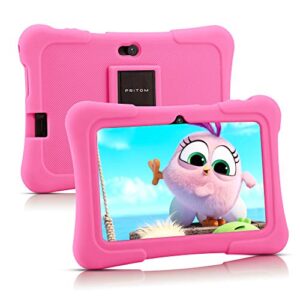 pritom 7 inch kids tablet, quad core android 10, 32 gb rom, wifi, bluetooth, dual camera, educationl, games, parental control, kids software pre-installed with kids-tablet case (light pink)