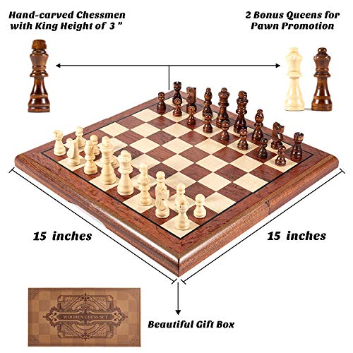 AMEROUS 15'' Magnetic Wooden Chess Set -Folding Board -2 Extra Queens -Chessmen Storage Slots -Gift Package, Travel Chess Board Game Sets for Kids and Adults