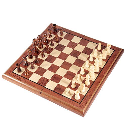 AMEROUS 15'' Magnetic Wooden Chess Set -Folding Board -2 Extra Queens -Chessmen Storage Slots -Gift Package, Travel Chess Board Game Sets for Kids and Adults