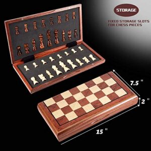 AMEROUS 15'' Magnetic Wooden Chess Set -Folding Board -2 Extra Queens -Chessmen Storage Slots -Gift Package, Travel Chess Board Game Sets for Kids and Adults