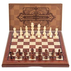 AMEROUS 15'' Magnetic Wooden Chess Set -Folding Board -2 Extra Queens -Chessmen Storage Slots -Gift Package, Travel Chess Board Game Sets for Kids and Adults