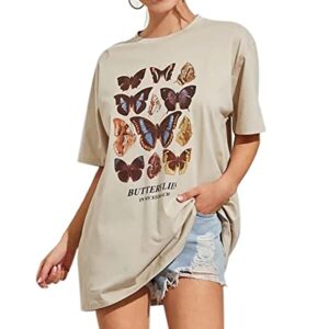 Meladyan Women’s Oversize Graphic Printed Loose Tee Short Sleeve Round Neck Loose Tshirt Tops Apricot