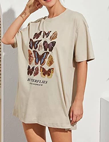 Meladyan Women’s Oversize Graphic Printed Loose Tee Short Sleeve Round Neck Loose Tshirt Tops Apricot