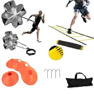 speed training football cones workout ladder training kit-12 rung 20ft agility ladder, 5 round training cones,resistance parachute, 4 steel stakes, parachute speed training for faster footwork