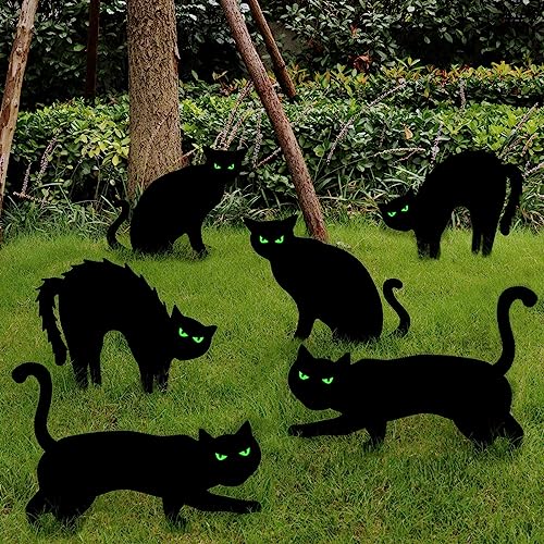 Ivenf Halloween Decorations Outdoor, 6ct Black Cat Decor Yard Signs with Stakes, Scary Silhouette with Glow in Dark Eyes, Corrugated Plastic, Waterproof Lawn Decorations for Kids Family Home Party