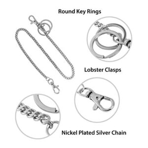 18" Silver Nickel Plated Pocket Keychain String with Both Ends Lobster Claw Clasp Trigger Snap Handle for Belt Loop, Purse Handbag Strap, Keys, Wallet, and Traveling