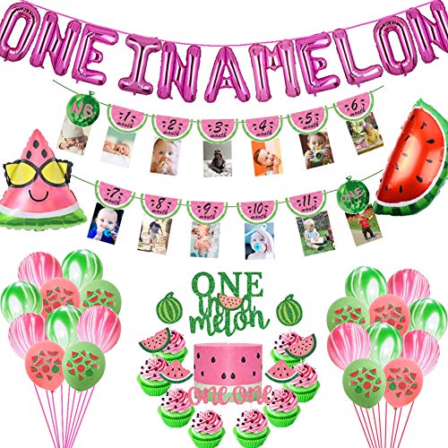 Watermelon First Birthday Party Supplies One in a Melon Balloons Watermelon Photo Banner Pink Glittery Watermelon One Cake Cupcake Topper Summer Fruit Girls 1st Birthday Party Supplies Decorations