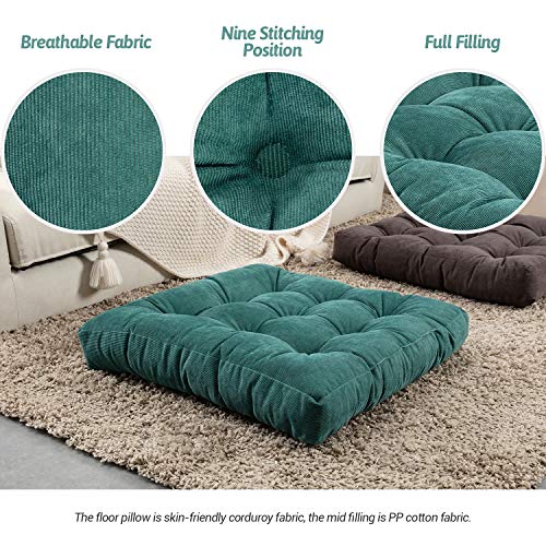 HIGOGOGO Floor Pillow, Square Meditation Pillow for Seating on Floor Solid Thick Tufted Seat Cushion Meditation Cushion for Yoga Living Room Sofa Balcony Outdoor, Dark Green, 22x22 Inch