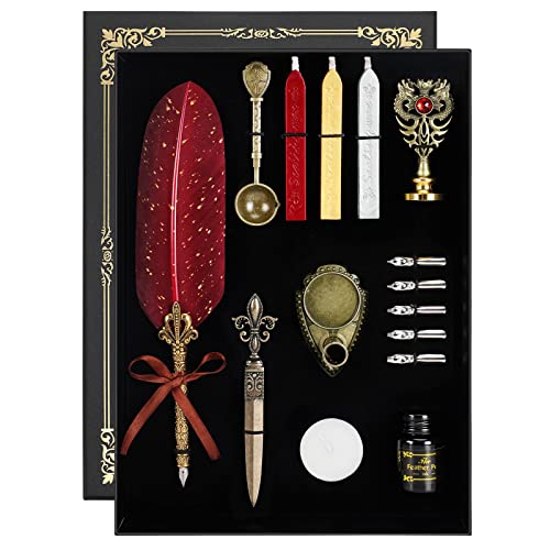 Karhood Quill Pen and Ink Set - Feather Calligraphy Dip Pen with Wax Seal Stamp Kit and 5 Nibs (Red)