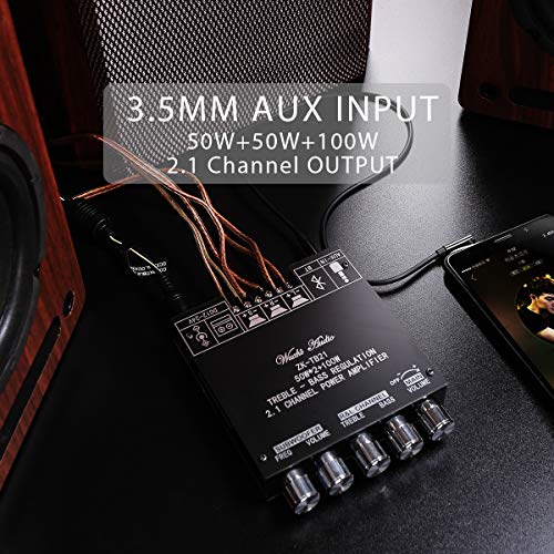 DAMGOO 50W+50W+100W 2.1 Channel Subwoofer Amplifier Board with Treble and Bass Control, Dual TPA3116 Chip, DC 12-24V, Bluetooth and AUX Inputs, DIY Wireless Speakers AMP Board, Password Free