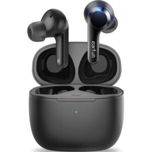 earfun air wireless earbuds, [upgraded version] [what hi-fi awards] bluetooth earbuds with 4 mics, sweatshield ipx7 waterproof, game mode, wireless charging, deep bass, usb-c fast charge, 35hrs, black