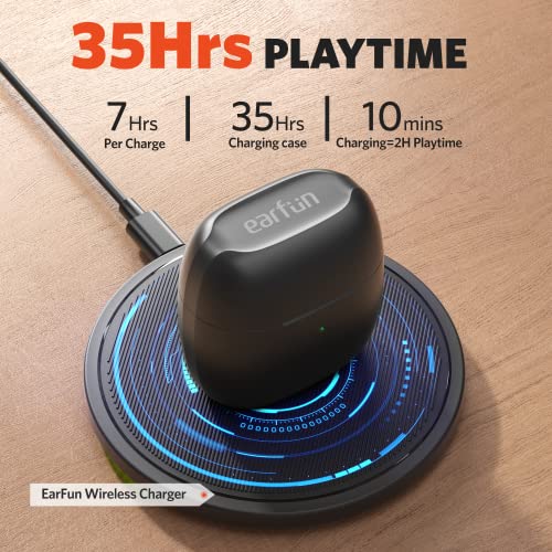 EarFun Air Wireless Earbuds, [Upgraded Version] [What Hi-Fi Awards] Bluetooth Earbuds with 4 Mics, Sweatshield IPX7 Waterproof, Game Mode, Wireless Charging, Deep Bass, USB-C Fast Charge, 35Hrs, Black