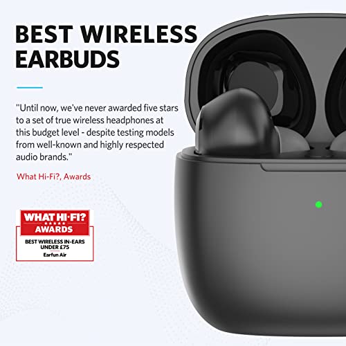 EarFun Air Wireless Earbuds, [Upgraded Version] [What Hi-Fi Awards] Bluetooth Earbuds with 4 Mics, Sweatshield IPX7 Waterproof, Game Mode, Wireless Charging, Deep Bass, USB-C Fast Charge, 35Hrs, Black