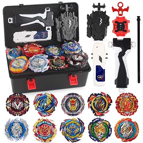 HUXICUI Burst Gyro Blade Toy Set 10 Spinning Tops 2 Two Way Launcher Metal Fusion Attack Top with Portable Box Gift for Ages 6+