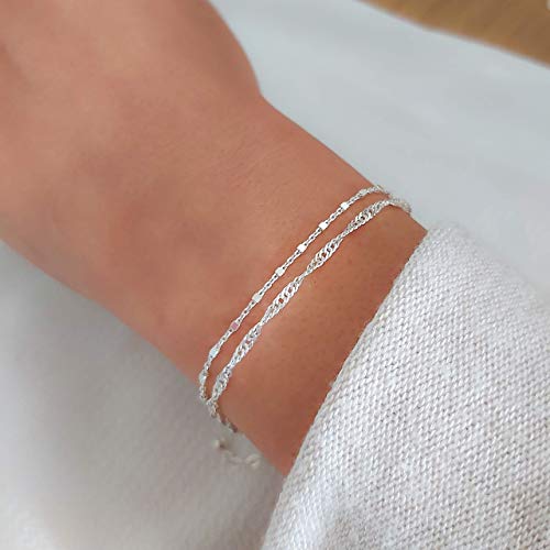 Annika Bella Double Layered Sterling Silver Bracelet, Length 6.5-7.5 Inches, Stranded Satellite Chain Bracelets for Women, Waterproof, Minimalist 925 Women's Bracelet (Twirl and Satellite Chains)