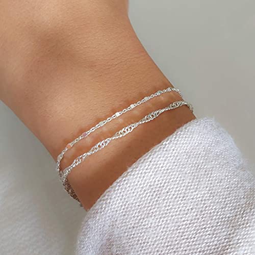 Annika Bella Double Layered Sterling Silver Bracelet, Length 6.5-7.5 Inches, Stranded Satellite Chain Bracelets for Women, Waterproof, Minimalist 925 Women's Bracelet (Twirl and Satellite Chains)