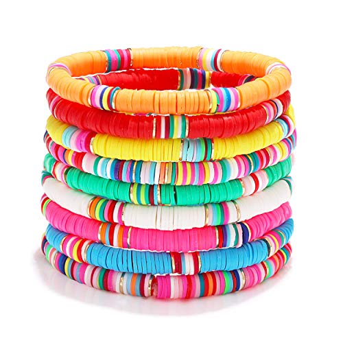 XOCARTIGE Surfer Heishi Bracelets for Women Stackable Rainbow Vinyl Disc Beaded Stretch Bracelets Elastic Layering Friendship Bracelets Boho Summer Beach Jewelry (Style A)