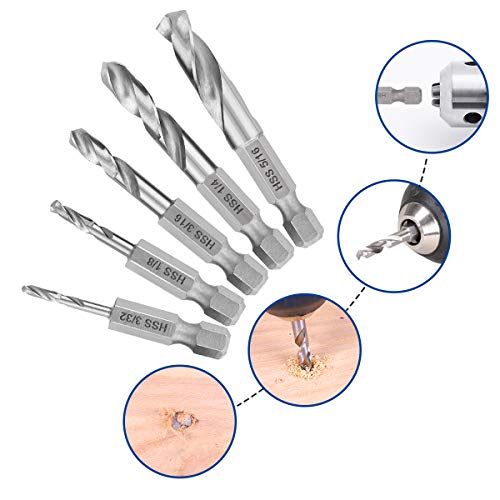 COMOWARE Stubby Drill Bit Set for Metal, 5pcs HSS M2 Short Length Drill Bit with 1/4-Inch Quick Change Hex Shank