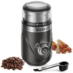 secura adjustable coffee grinder electric, spice grinder electric, coffee bean grinder, multipurpose grinder for spices, herbs, nuts, grains with 1 stainless steel blades removable bowl, grey