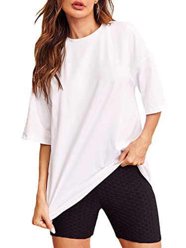 Verdusa Women's Casual Basic Round Neck Half Sleeve Oversized Tunic Tee Shirt White L