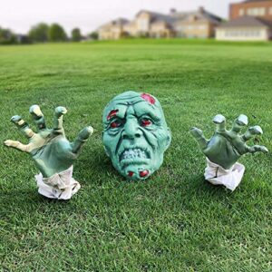 heyzeibo halloween decorations - halloween realistic zombie face and arms lawn stakes - green skeleton bone head and hands garden yard stakes for haunted house graveyard, cemetery, coffin party