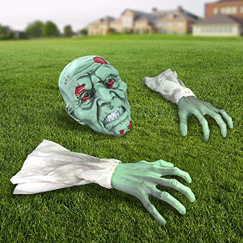 Heyzeibo Halloween Decorations - Halloween Realistic Zombie Face and Arms Lawn Stakes - Green Skeleton Bone Head and Hands Garden Yard Stakes for Haunted House Graveyard, Cemetery, Coffin Party