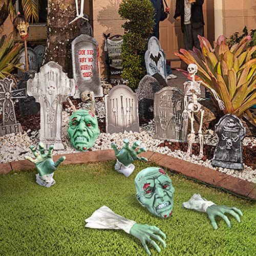 Heyzeibo Halloween Decorations - Halloween Realistic Zombie Face and Arms Lawn Stakes - Green Skeleton Bone Head and Hands Garden Yard Stakes for Haunted House Graveyard, Cemetery, Coffin Party