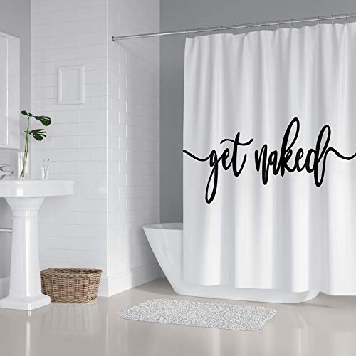 Zengmei 70x70 inches Get Naked Shower Curtain Set Funny Quote Durable Waterproof Polyester Shower Curtain Bathroom Bath Decor Cloth Fabric + 12 Hooks(White)